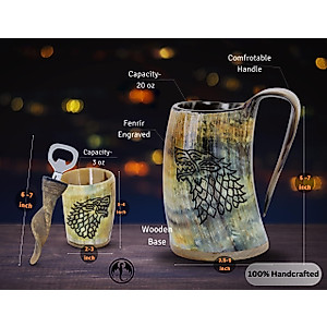 OLDEMPEROR Viking Drinking Horn Mug, 15-20oz| Shot Glass and Bottle Opener| Unique Handmade Viking Spacial Gifts for Men and Women - Food Grade Medieval Style (Fenrir)