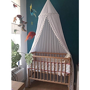 OldPAPA Crib Bed Canopy for Girls Bed with Pom Pom, Cotton Dome Mosquito Net for Baby, Kids Indoor Outdoor Playing Reading, Bedroom Decoration (White)