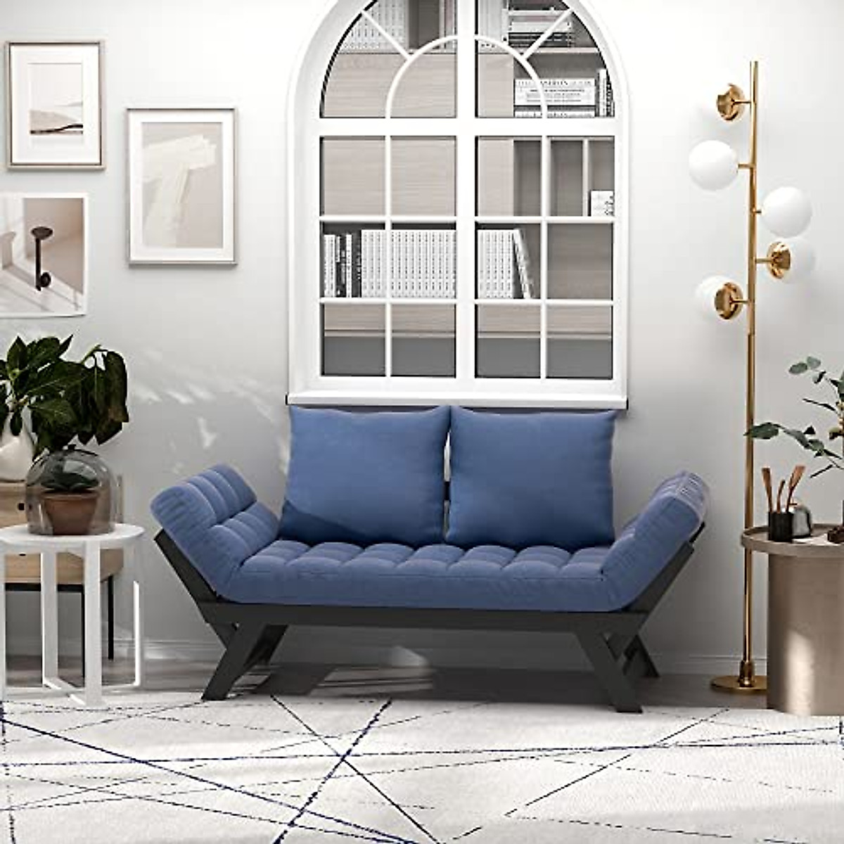 HOMCOM Single Person 3 Position Convertible Chaise Lounger Sofa Bed with 2 Large Pillows and Oak Frame, Dark Blue