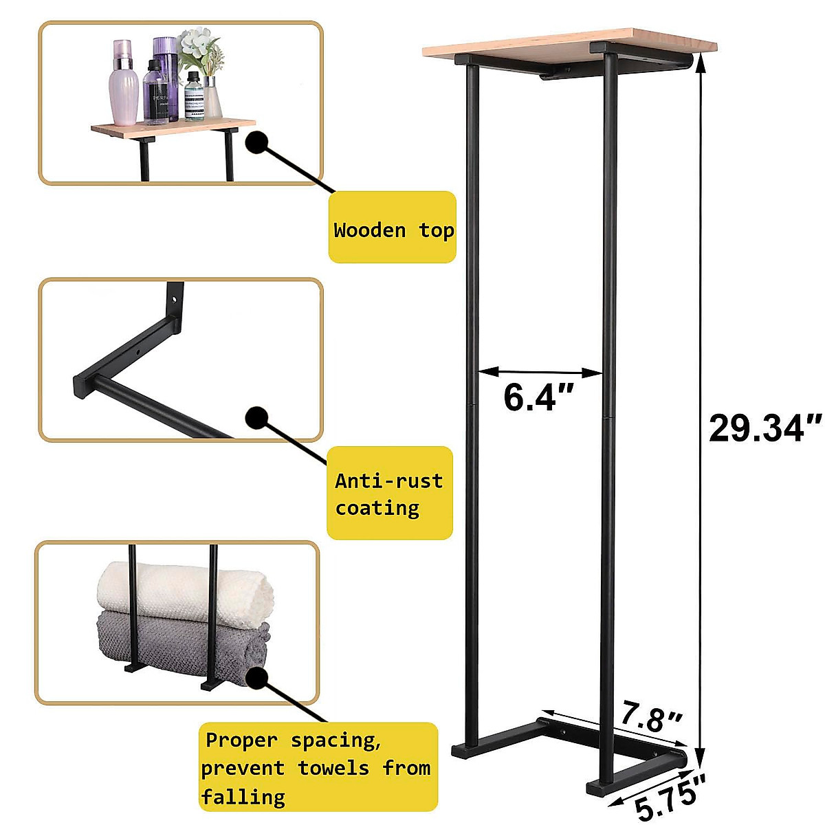 TocTen Towel Racks for Bathroom, Wall Mounted Towel Storage Rack, Wall Towel Rack with Wooden Shelf Can Holds 3 Large Towels, Rolled Towels Storage Organizer for Small Bathroom (Black, 16 Inch)