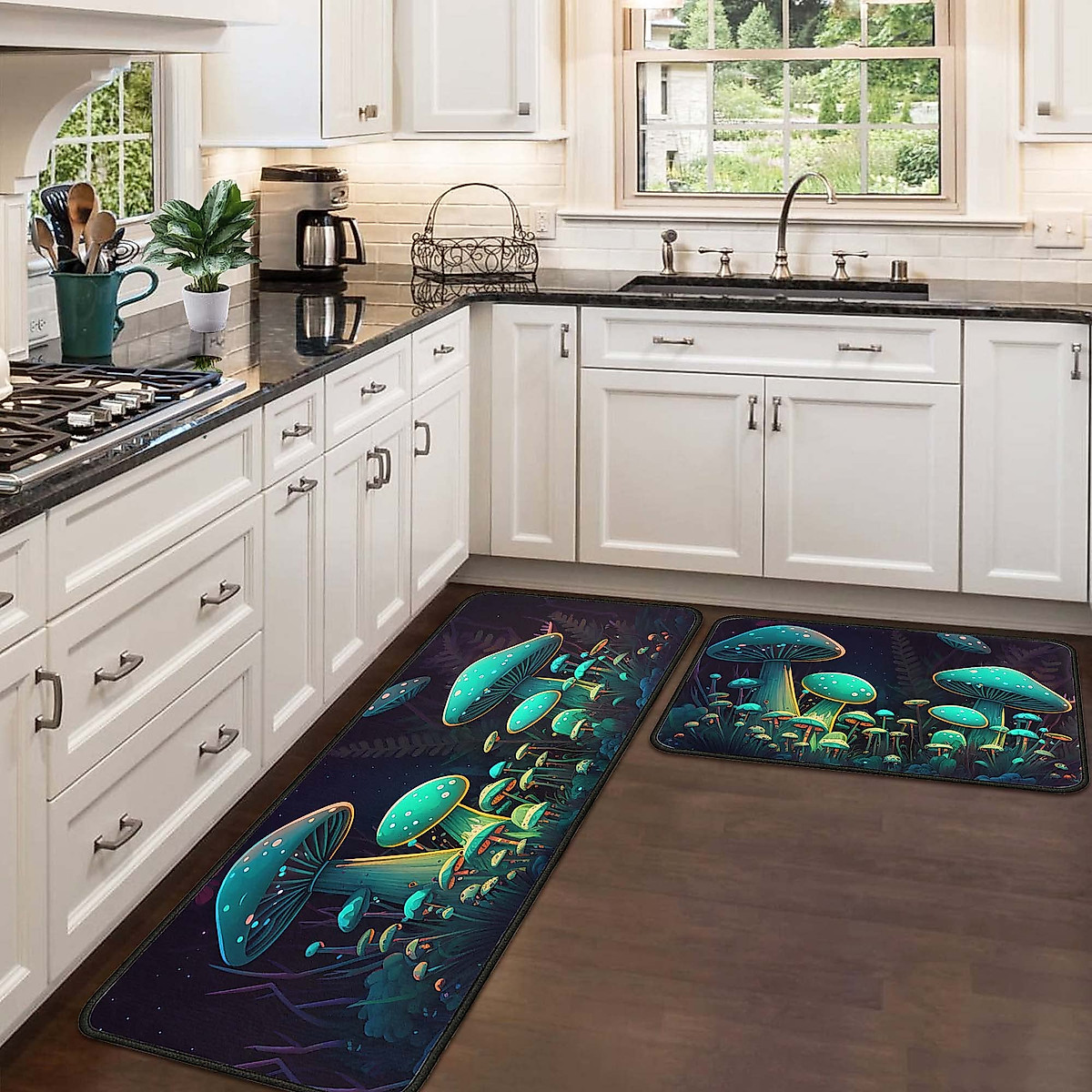 Mushroom Kitchen Rugs and Mats Non Skid Washable Absorbent Stain Resistant,Durable and Easy to Clean, Kitchen Rug Set of 2 Mushroom Kitchen Decoration 17 x47+17"x30"