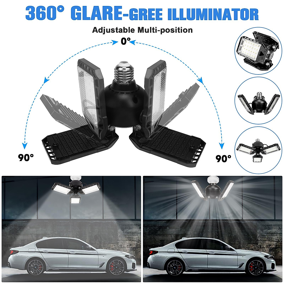 Aoretic LED Garage Lights Bulb 2 Pack -80W, 8000LM 6500K Led Shop Light with 3 Deformable Panels, Basement Barn Light Garage Ceiling Lights, E26/E27 for Garage, Warehouse, Shop, Basement