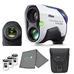 Nikon COOLSHOT ProII Golf Laser Rangefinder (16758) Stabilized View Bundle with 3 Extra CR2 Batteries and a Cleaning Cloth - Laser Yard Alignment with Club Selection, and Slope - Mens Golf Accesories