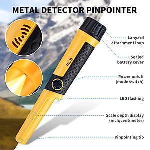 SAKOBS Metal Detector Pinpointer Wand: 5" Detection Depth, IP68 Fully Waterproof, Up to 66 Feet Underwater, 360°Detection Handheld Pin Pointer, 3 Modes (Buzzer, Vibration,Sound) for Adults & Kids