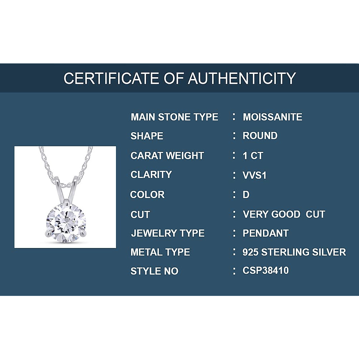 SAVEARTH DIAMONDS 1 CT D Color Moissanite Pendant Necklace For Women VVS1 Round Cut Three-Claw Lab Created Diamond 18K White Gold Plated 925 Sterling Silver Necklace With Certificate
