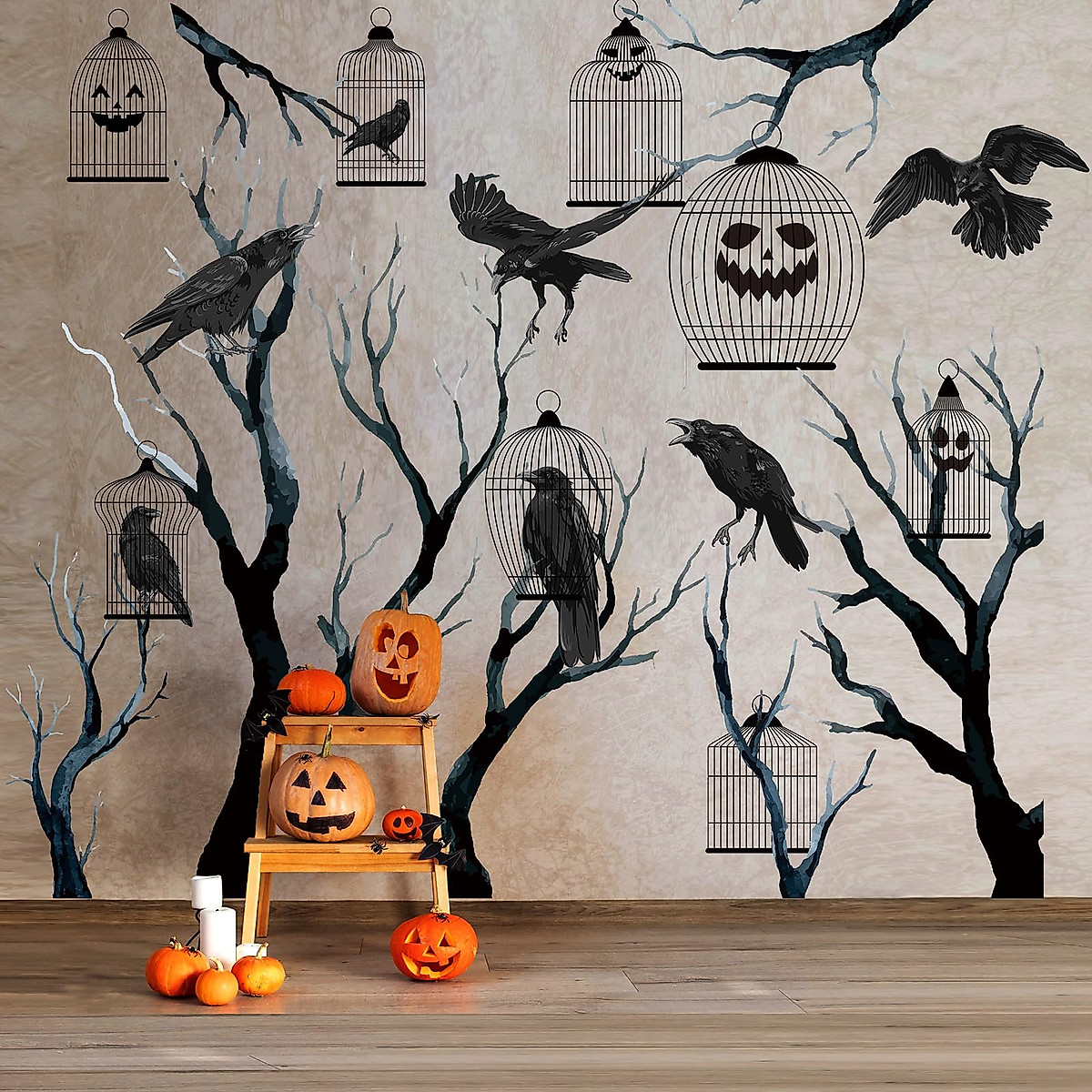 Seajan 4 Sheets Halloween Wall Decals Halloween Black Wall Stickers Black Tree Crow Cage Wall Decals Large Halloween Wall Decals Halloween Home Decor DIY Art for Wall Window Door (Birdcage, Crow)