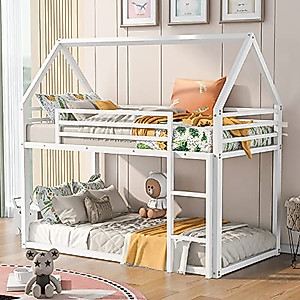 Harper & Bright Designs Twin Over Twin House Bunk Bed with Built-in Ladder, Metal Low Bunk Bed for Kids Girls Boys - White