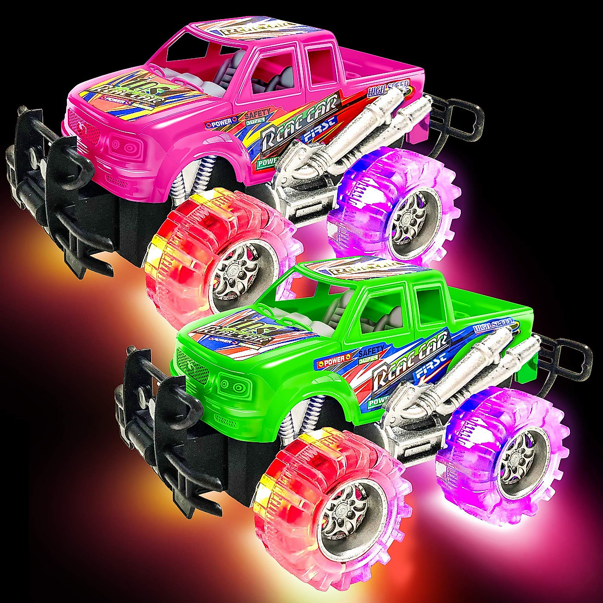 ArtCreativity Pink and Green Light Up Monster Truck Set for Boys and Girls, Set Includes 2, 6 Inch Monster Trucks with Beautiful Flashing LED Tires, Push n Go Toy Cars, Best Gift for Kids, for Ages 3+