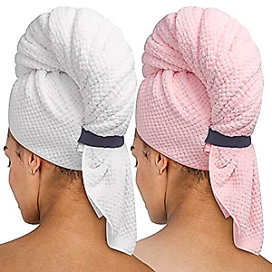 Umisleep Extra Large Microfiber Hair Towel for Women Curly, Long, Thick Hair, 2 Pack Ultra Absorbent Hair Drying Towel Wrap, Super Soft Anti Frizz Hair Turban with Elastic Loop (White, Pink)