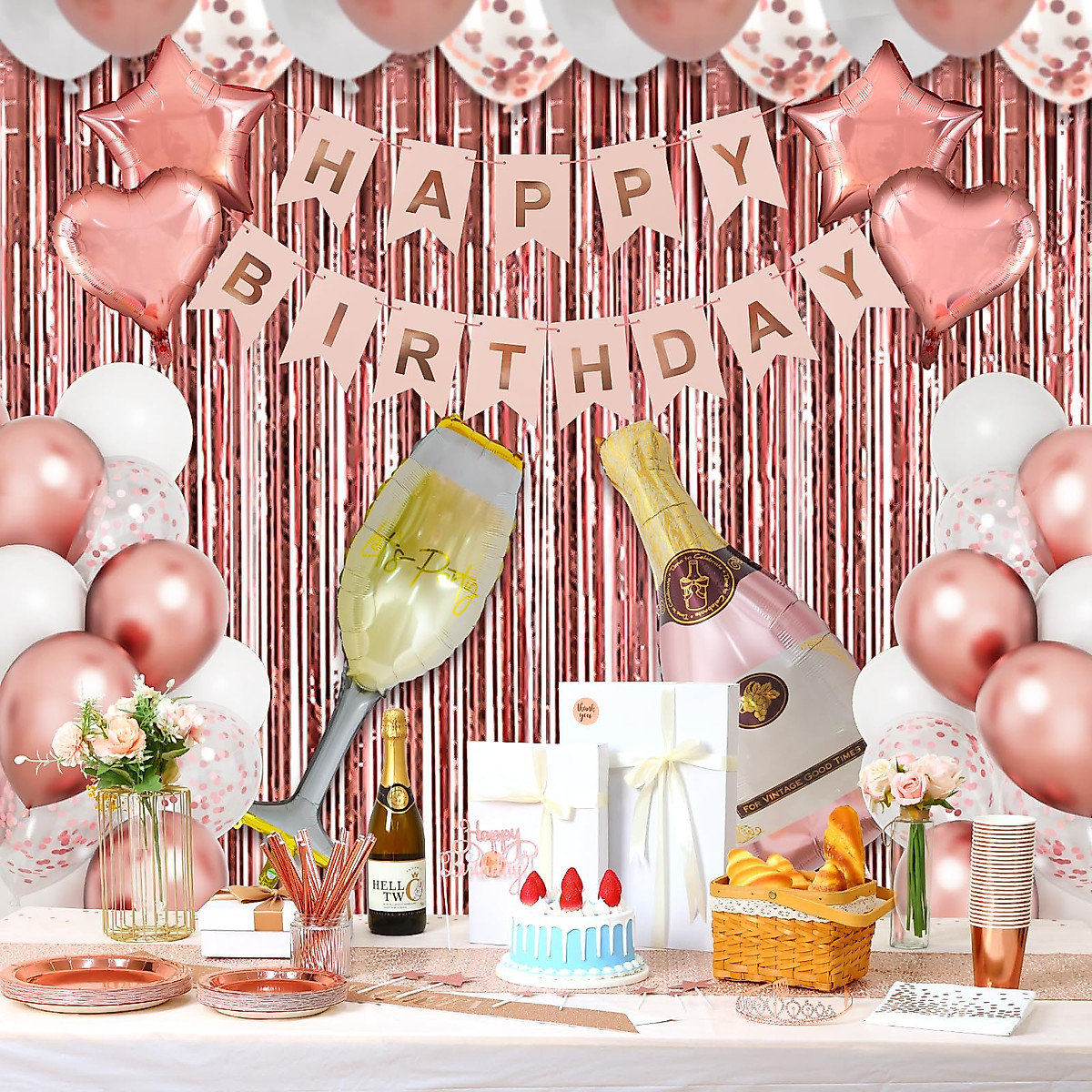 RUBFAC 248pcs Rose Gold Birthday Party Decorations Kit for Women Girls, Happy Birthday Banners, Balloons, Tablecloth, Table Runner, Sash, Tiara, Plates, Cups, Napkins Straws Party Supplies