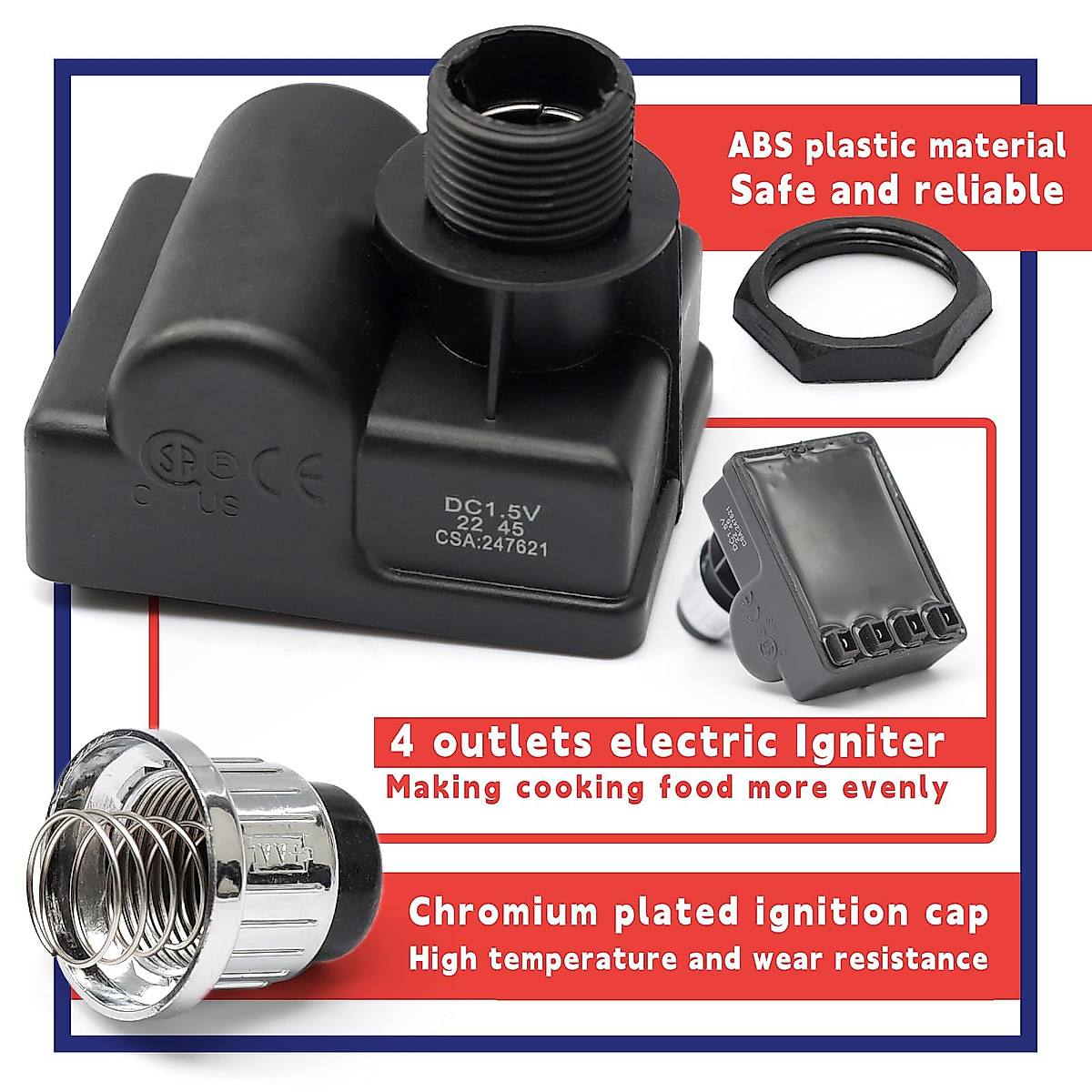 Dusledel Grill Igniters Kit Replacement for Blackstone Grill 36 Inch Griddle, Push Button Electronic Battery Igniters Replacement Spark Plug Kit with 4 Electrode