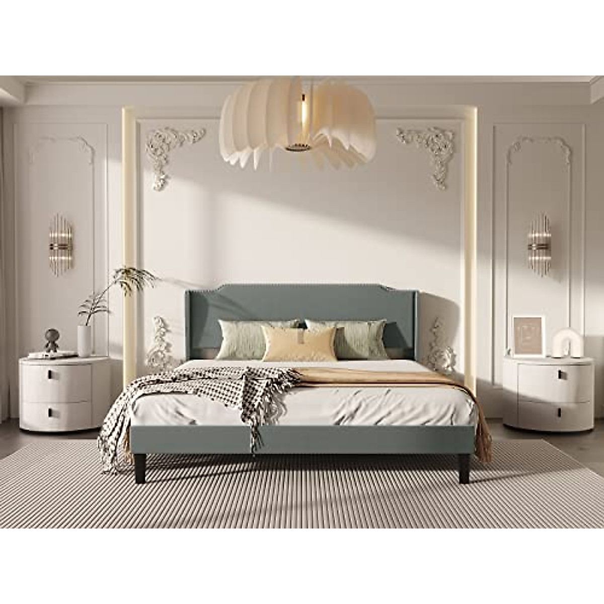 BONSOIR Queen Size Bed Frame Traditional Upholstered Low Profile Platform with Wing Back and Nail Trim Headboard/No Box Spring Needed/No Bed Skirt Needed/Soft Linen Fabric Upholstery/Light Green