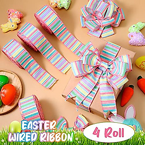 4 Rolls 40 Yards Easter Wired Ribbons Spring Pastel Canvas Ribbon Spring Decorative Ribbon Horizontal Stripe Craft Ribbon for Wrapping Easter Party Crafting Sewing (1.5 Inch in Width)