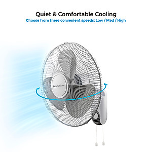 Comfort Zone CZ16W 16” 3-Speed Oscillating Wall-Mount Fan with Adjustable Tilt, Metal Grille, 90-Degree Oscillation, White