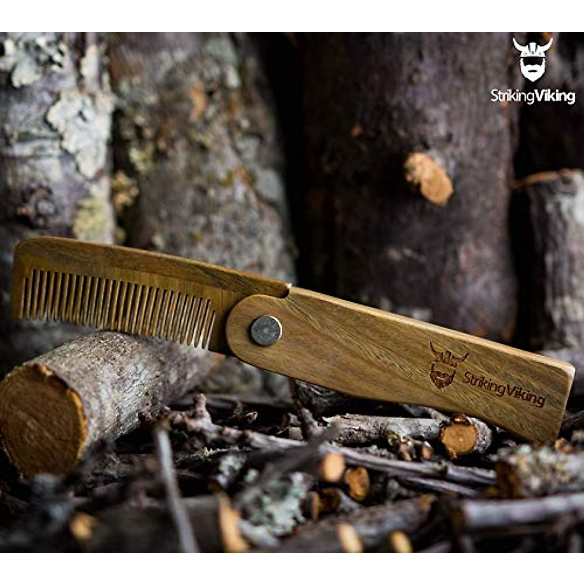 Striking Viking Folding Wooden Comb - Men's Hair, Beard & Mustache Comb - Pocket Sized Sandal Wood Comb for Everyday Grooming, Use Dry or with Balms and Oils - Beard Gift for Men