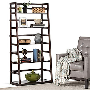 SIMPLIHOME Acadian SOLID WOOD 63 inch x 30 inch Ladder Shelf Bookcase in Brunette Brown with 5 Shelves, for the Living Room, Study and Office