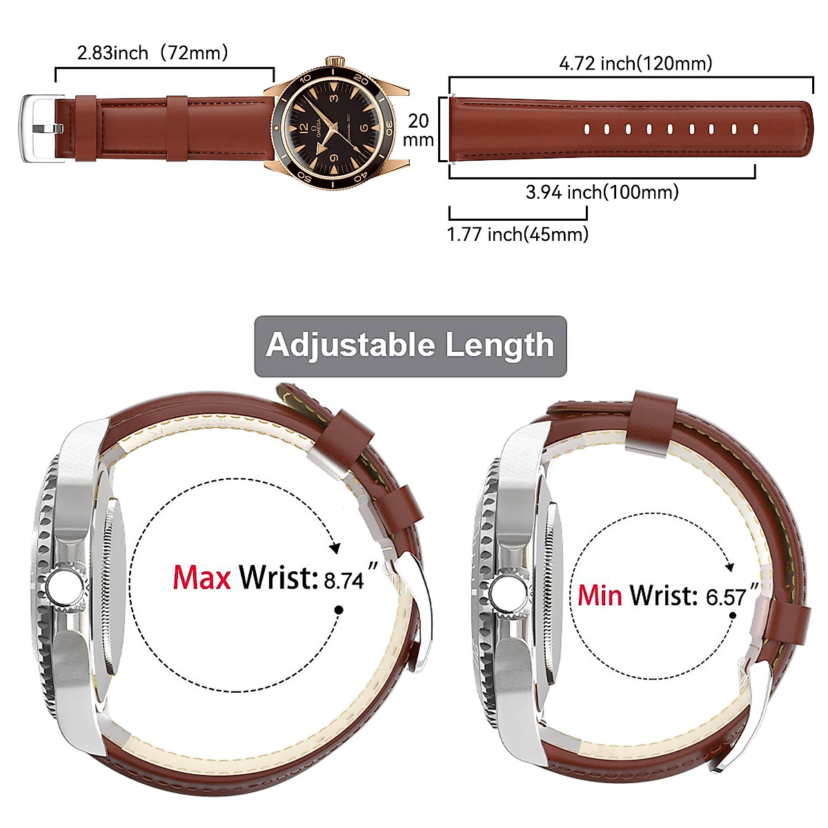 RBIPO 20mm Leather Watch Band Quick Release Strap for Men and Women, Compatible with Timex Fossil Samsung Seiko Citizen