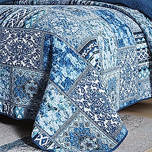 Blue Bohemain Bedspread King Quilt Set, 100% Cotton Coverlet King, Reversible Rustic Patchwork Printed Bedding Quilt Coverlet, 3 Pieces Boho Cotton Quilt Set for All Season King for Summer 94”x106“”