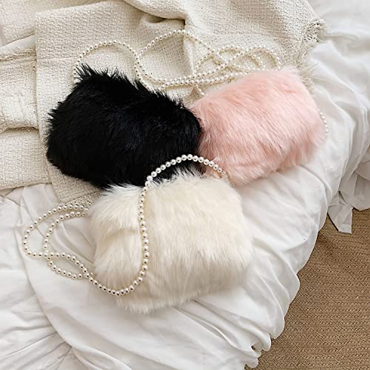 Oweisong Faux Fur Clutch Purses for Women Evening Bag Fluffy Fuzzy Handbags Black Furry Shoulder Bag for Wedding Party