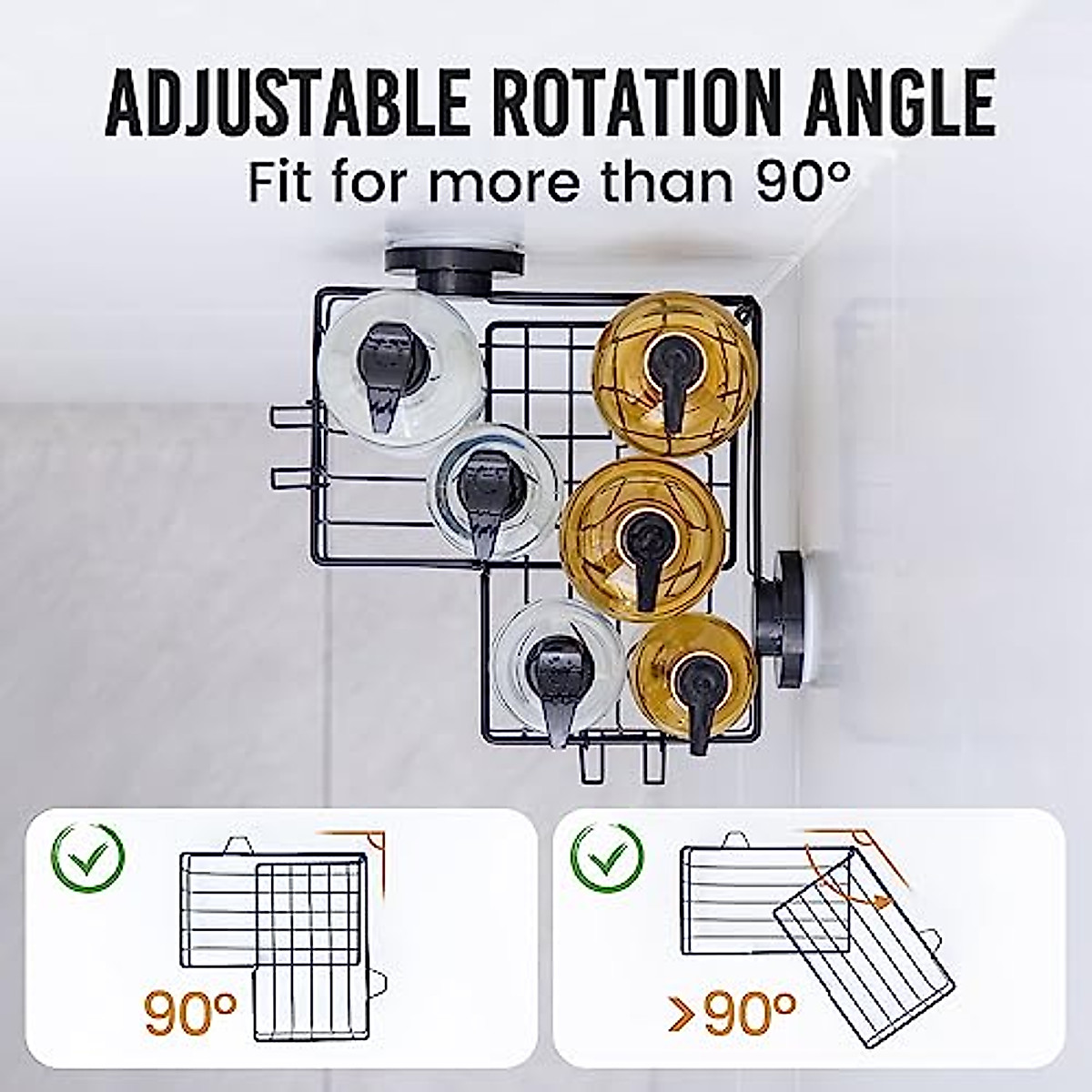 LEVERLOC Corner Shower Caddy Suction Cup with Hooks 2 Pack No-Drilling Rotating Removable Shower Caddy Basket, Stainless Steel Shower Shelves,Rustproof Organizer for Bathroom Storage,Black