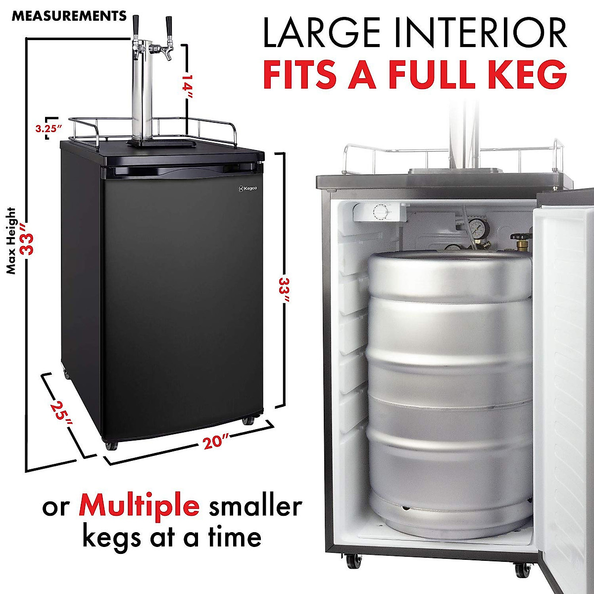 Kegco K199B-2P Kegerator Two Keg Beer Cooler - Premium Double Faucet D System Kit - Black Door