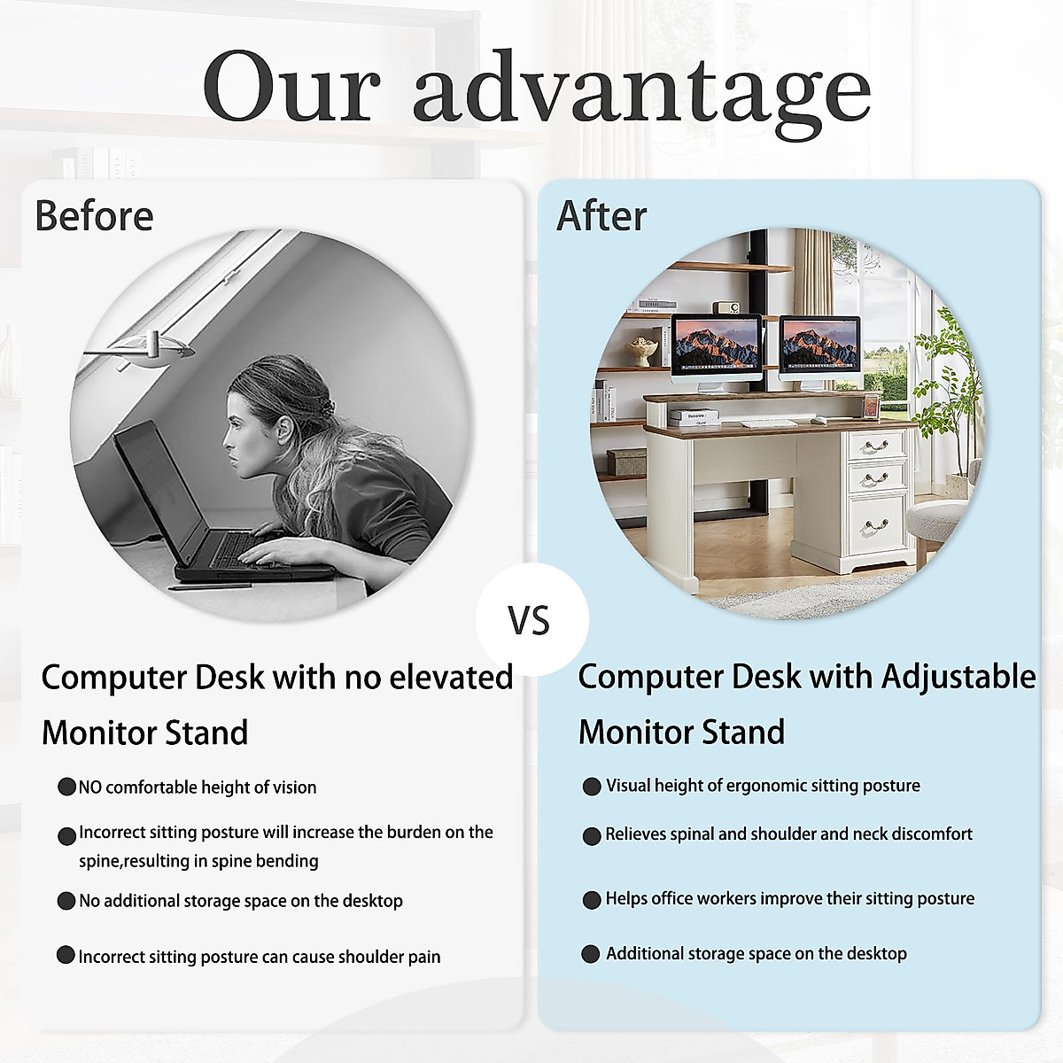 Vagaconl 55in Farmhouse Desk with Outlets, Mid Century Modern Desk with Charging Station File Cabinet, Storage Cabinet, Vintage Computer Writing Desk,Home Office,White and Brown