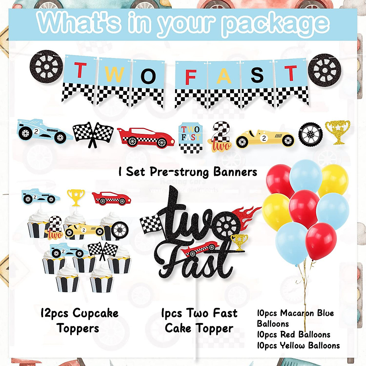 Race Car Two Fast Party Decorations Supplies Racing Theme 2nd Birthday Party Banner Race Car Second Birthday Cake Topper Checkered Flags Balloons for Let's go Racing Theme Sports Event Party Supplies