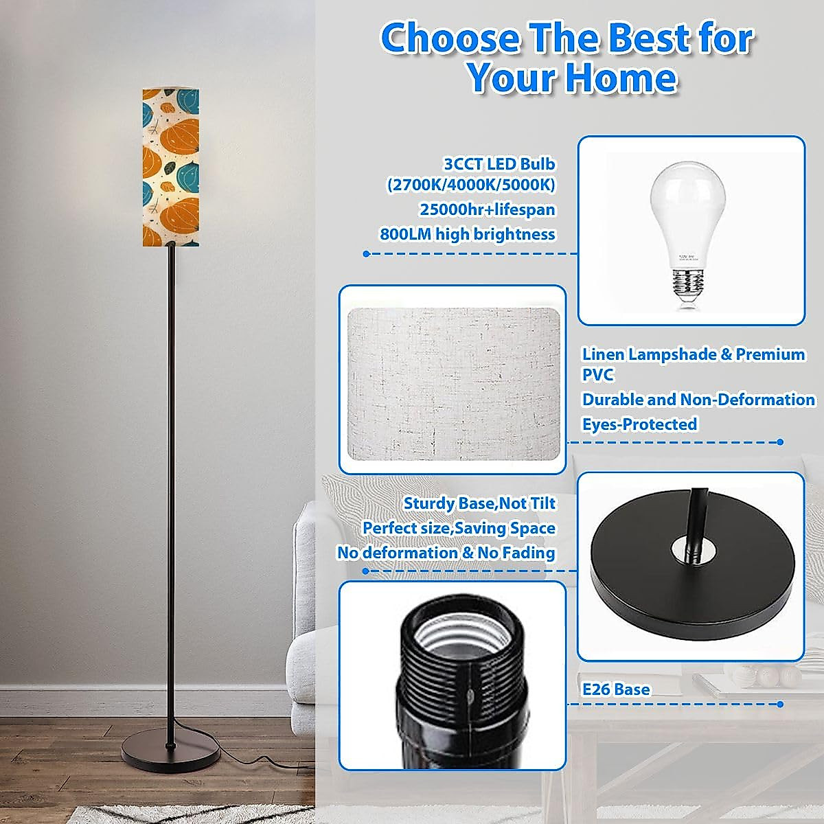 RZNTJHUINA Modern Standing Lamps Scandinavian Folk Style Plant Rustic Pumpkins Minimalist Floor Lamp Metal Pole Lamp with Linen Lampshade for Bedroom Living Room Office Nursery Reading Foot Switch