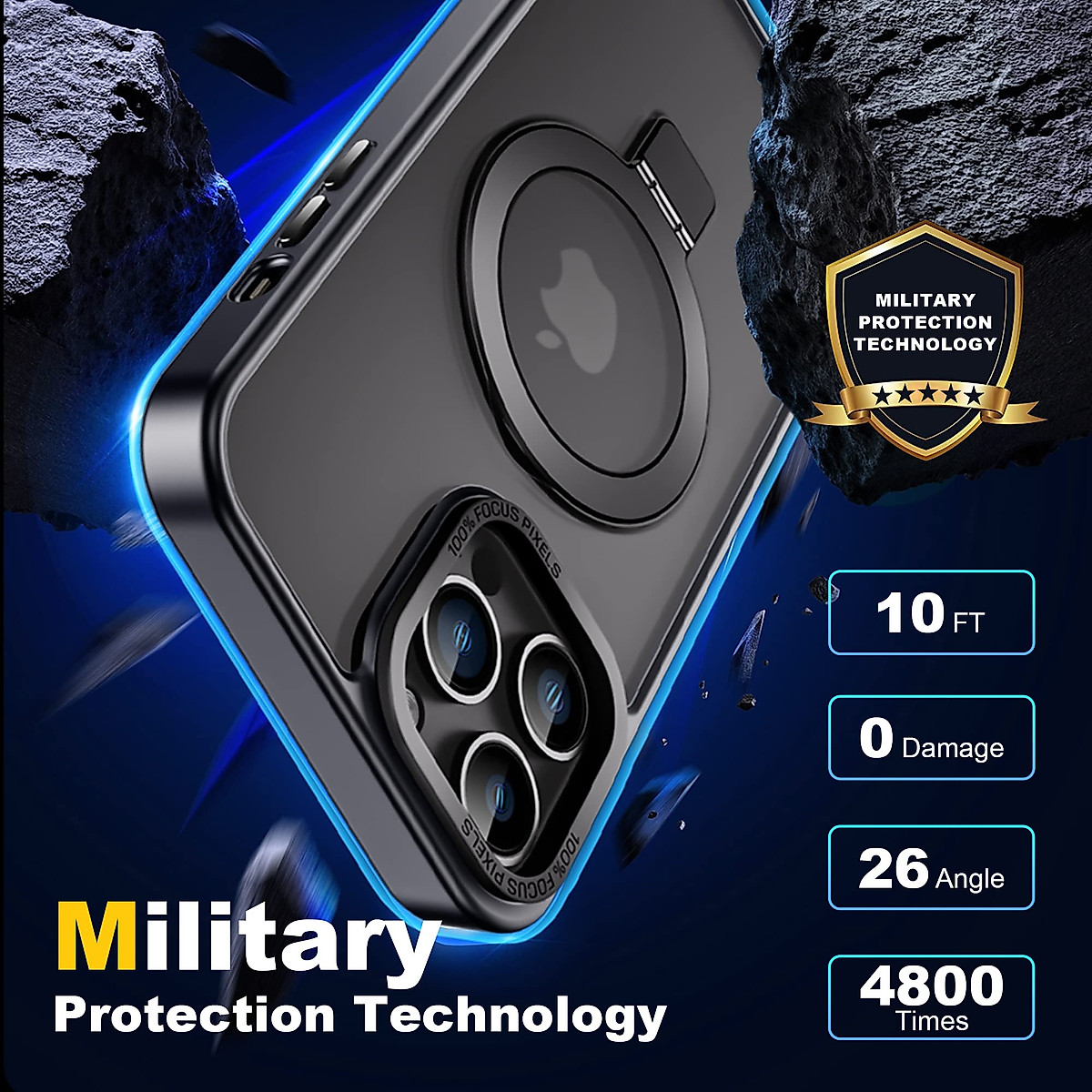 IKARY for iPhone 13 Pro Max Case with Hidden Magnetic Stand Compatible with Magsafe & Military-Grade Drop Protection - Shockproof Translucent Matte iPhone 13 Pro Max Phone Case, Black