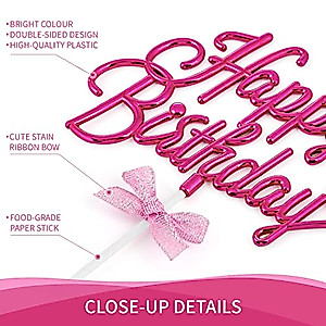 Hot Pink Happy Birthday Cake Topper Plastic - 3D Double Sided Happy Birthday Sign for Cake with Bow, Idea for Birthday Cake Decoration and Birthday Photo Booth Props (HOT PINK)
