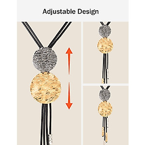 KISSKIKO Long Necklaces Tassel Sweater Chain for Woman | Girls Retractable Lucky Disk Pendant | Gold/Silver Black Ore Rhinestones PU Leather Rope Y Necklace Gift