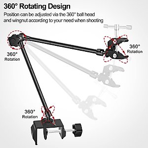 Toolour Magic Arm Camera Mounts Clamps w/ 1/4" and 3/8" Thread, 19.7” Adjustable Friction Power Articulating Arm with 2.6" Super Clamp for LCD Monitor/LED Light/Camera Video Rig/Smartphone