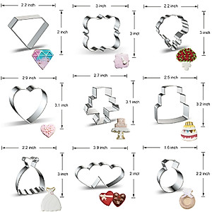 Wedding Cookie Cutters Shapes Set for Baking 9-Piece Square Plaque, Wedding Cake, Wedding Dress, Diamond Ring, Double Heart, Jewel Gemstone, Flower Bouquet, Heart Cookie Cutter Biscuit Fondant Molds