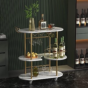 PAUKIN Gold Bar Carts with 4-Tier Storage Shelves, Mobile Bar Serving Cart with Wine Rack and Glass Holder, for The Home, Kitchen, Living Room, Dining Room