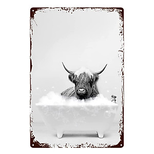 Funny Highland Cow Wall Art Tin Sign Cute Black And White Longhorn Cow Vintage Look Retro Metal Sign Animal Rustic Farmhouse Style Wall Decor For Bathroom Restroom 12x8 Inch