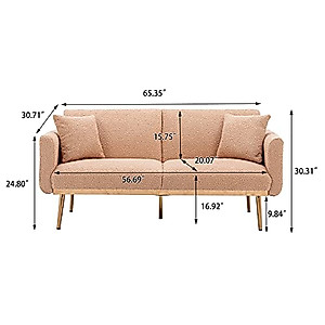 Eafurn Sherpa Teddy Futon Sofa Bed, Modern Boucle Upholstered Comfy Loveseat Couch Sleeper Sofabed with Golden Metal Legs and Throw Pillows, Small Folding Sofa&Couch for Home Office, Camel 65.35"