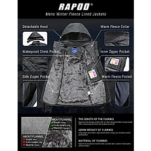 Rapoo Winter Coats for Men - Waterproof Windbreaker Jackets, Fleece Warm Snowboard Ski Coats, Dark Grey, XL