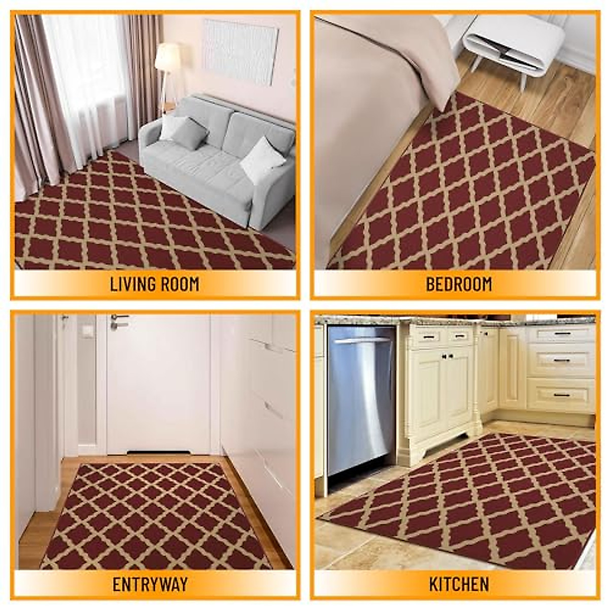 Machine Washable Trellis Design Non-Slip Rubberback 3x5 Traditional Area Rug for Living Room, Bedroom, Kitchen, 3'3 x 4'11", Red