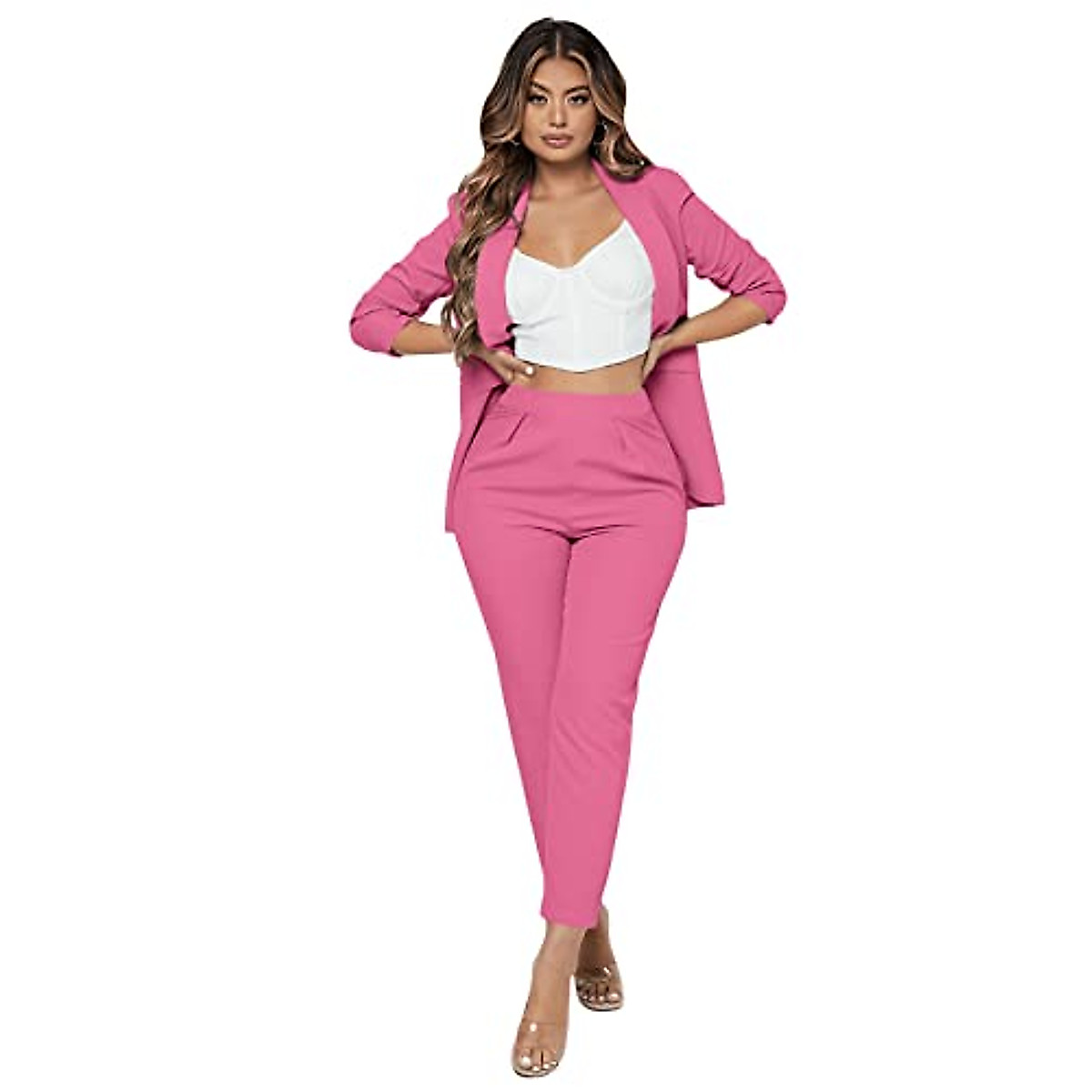 SweatyRocks Women's 2 Piece Solid Ruched Sleeve Blazer and Pants Business Office Suit Set Hot Pink L