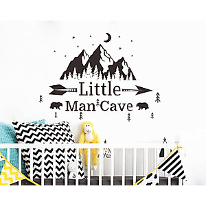 Little Man Cave Mountains Vinyl Decals, Landscape with Animals Stickers, Mountain Moon Stars Decal for Nursery Room,Kids Décor A9 (Black)