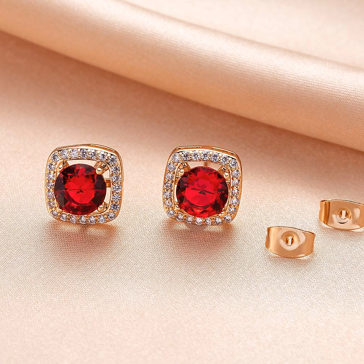 Austrian Crystal Cushion Cut Halo Stud Earrings for Women Fashion 925 Sterling Silver Hypoallergenic Jewelry (Red)