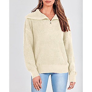 KIRUNDO Women's 2024 Fall Winter Long Sleeve Quarter Zip Pullover Casual V Neck Ribbed Knit Sweaters Jumper Tops(Beige White, Large)