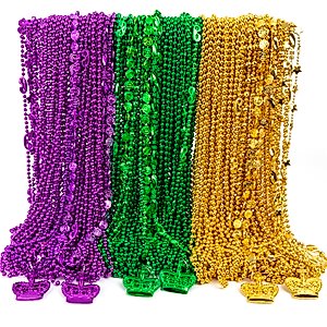 144PCS Mardi Gras Beads Throws, Mardi Gras Green Purple Gold Metallic Beads Necklaces Accessories Bulk, Mardi Gras Beads Necklace Costumes Women Men Kids for Parade Throws Party Decor Favor Supplies