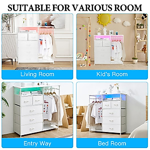 White Dresser for Closet,Dresser for Kids Bedroom, Dresser with Hanging Rack, Clothes Dresser with Clothes Rack, White Bedroom Dresser with 5 Fabric Chest of Drawers with PU Storage Organizer