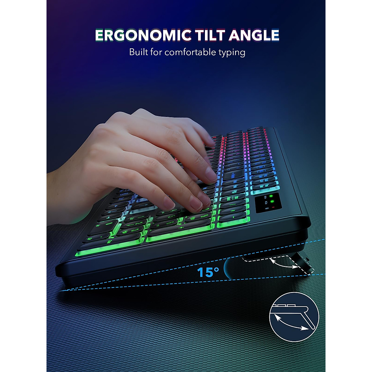 Wireless Keyboard and Mouse Backlit, Quiet Light Up Keys, Tilt Legs, Sleep Mode - Rechargeable USB Cordless Combo for Computer, iMac, PC, Laptop - by SABLUTE, Black
