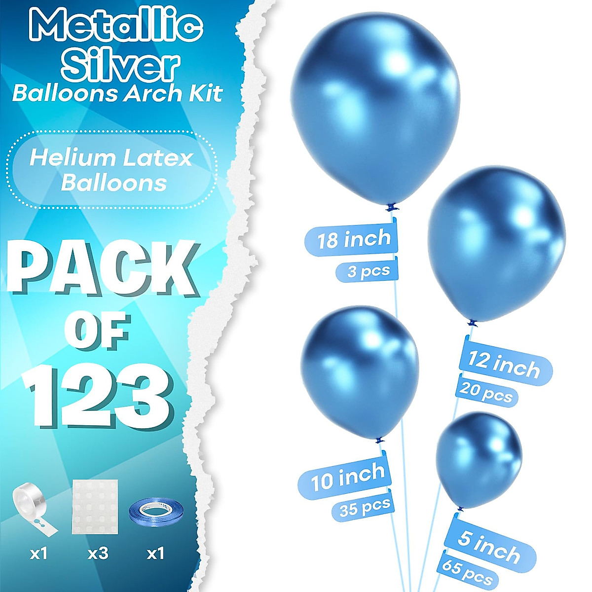 Metallic Blue Balloons Different Size, 123 Packs Blue Balloons Arch Kit, Pack of 18 12 10 5 Inch Chrome Blue Balloons Garland for Graduation Baby Shower Birthday Wedding Decoration