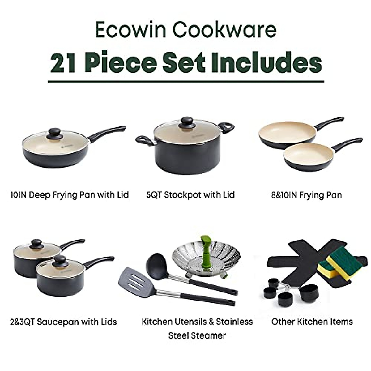 Ecowin Non Stick Cooking Sets, Granite Coating Nonstick Cookware Set, Kitcken Pots and Pans PFOA Free, Oven Safe & Dishwasher Safe - 21 Pieces