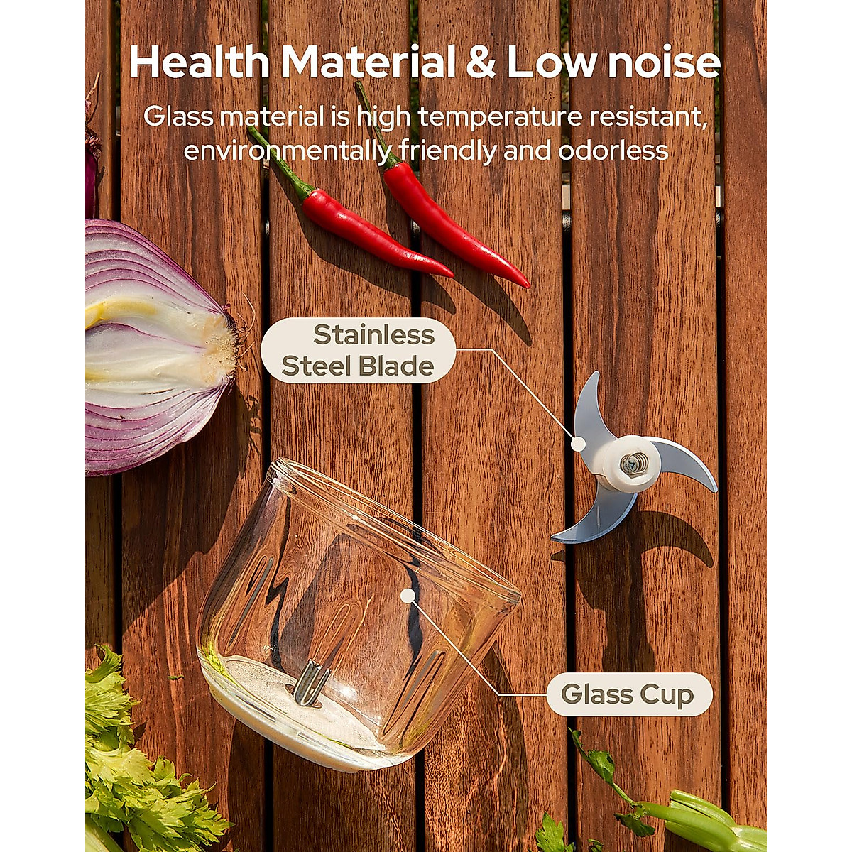 Garlic Chopper, IMC-3001E Electric Mini Chopper With 300 ml Glass Bowl & Triple-layer Blade, Portable Veggie Chopper With Type-C Charging Cable to Cutting Onions, Peppers, for Home, Camping, Travel