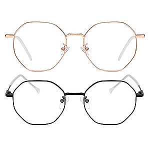 JOVAKIT Polygon Blue Light Blocking Glasses for Women Men Vintage Octagon Square Non-prescription Metal Eyeglasses (Rose Gold+Black)