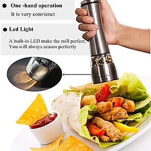 HQGSJ Electric Salt and Pepper Grinder,Battery Operated with LED Light,Stainless Steel Automatic Mill,Adjustable Ceramic Coarseness Salt grinder and pepper Mill （ONE PACK）